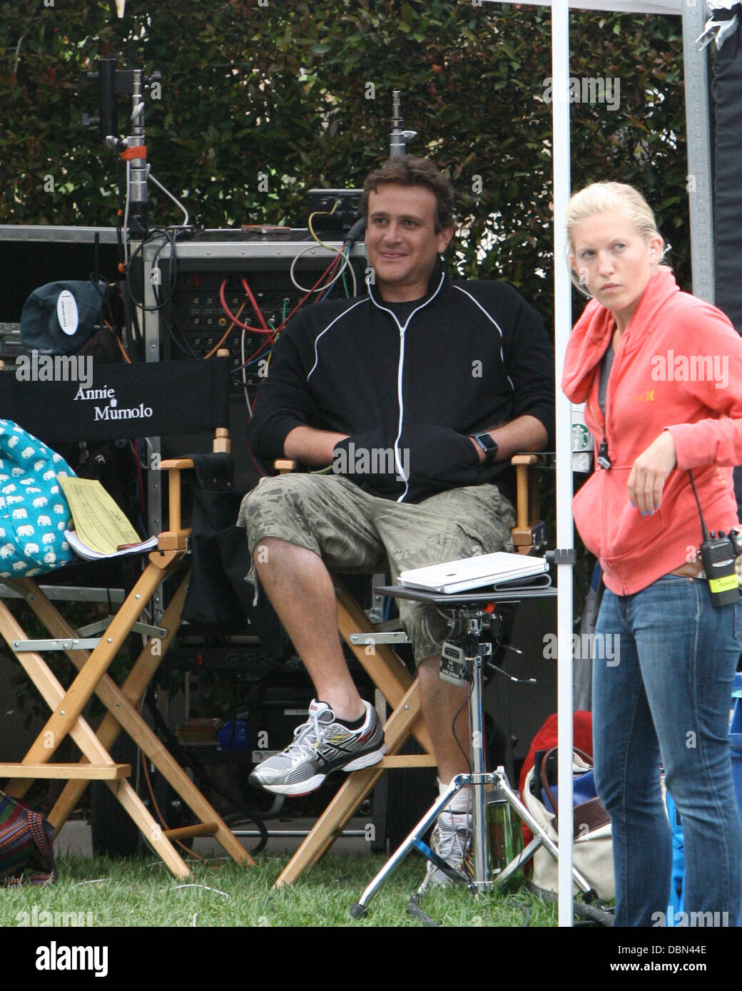 Jason Segel shooting a workout scene in a Santa Monica park while on ...