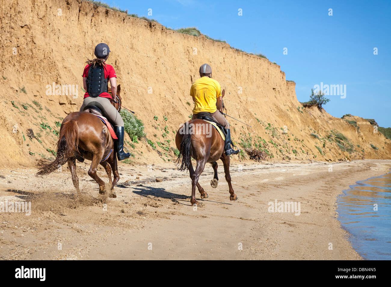Couple On Sandy Beach Riding Horses, Croatia, Dalmatia, Europe Stock ...