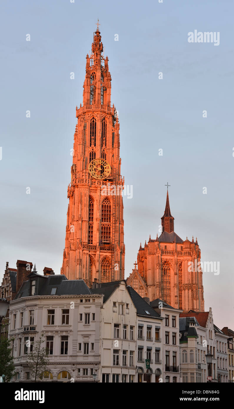 Clock tower of the Cathedral of Our Lady at sunset, Antwerp, Belgium ...
