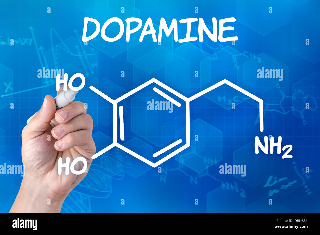 hand with pen drawing the chemical formula of Dopamine Stock Photo - Alamy