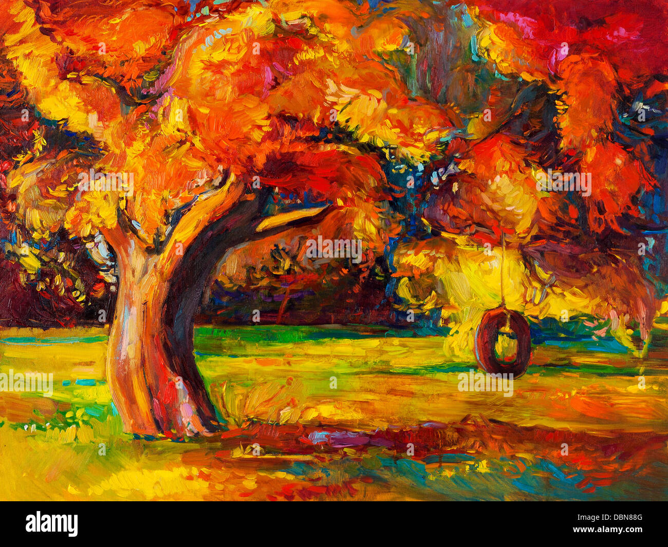 Original oil painting showing beautiful Autumn tree. Modern ...