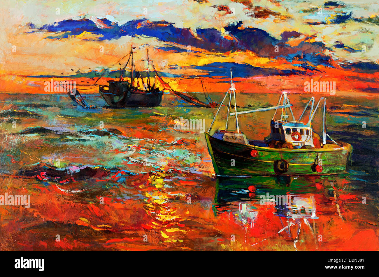Original oil painting of fishing ships and sea on canvas.Sunset over ...