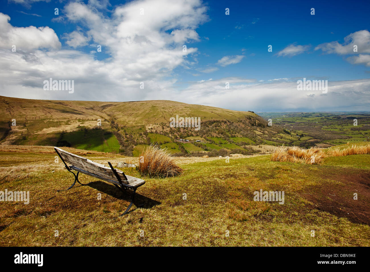 Wooden bench overlooking Senni Valley from the Roman road Sarn Helen ...