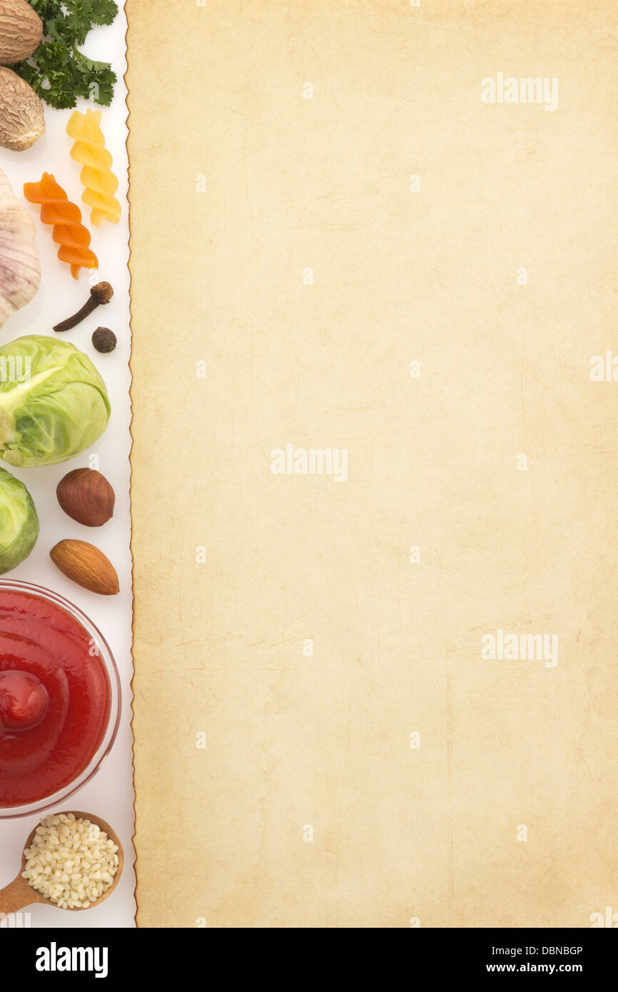 food ingredients and paper isolated on white background Stock Photo - Alamy