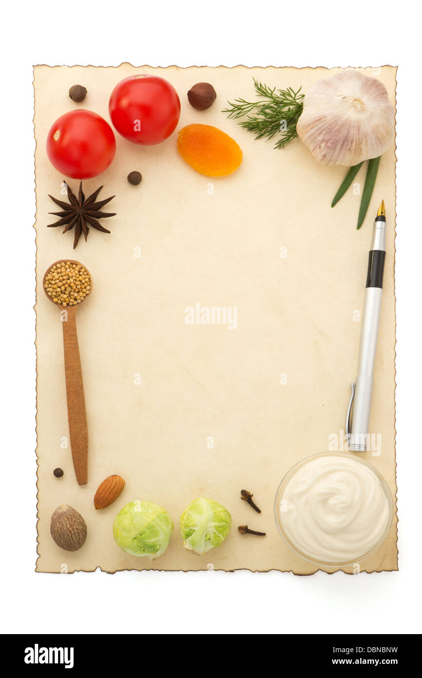 food ingredients and recipe paper on white background Stock Photo - Alamy