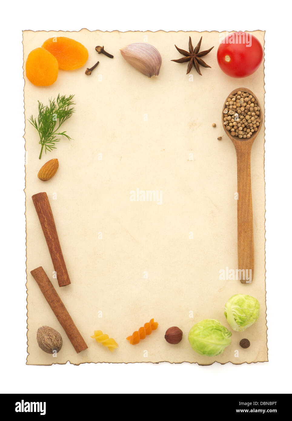 food ingredients and recipe paper on white background Stock Photo - Alamy