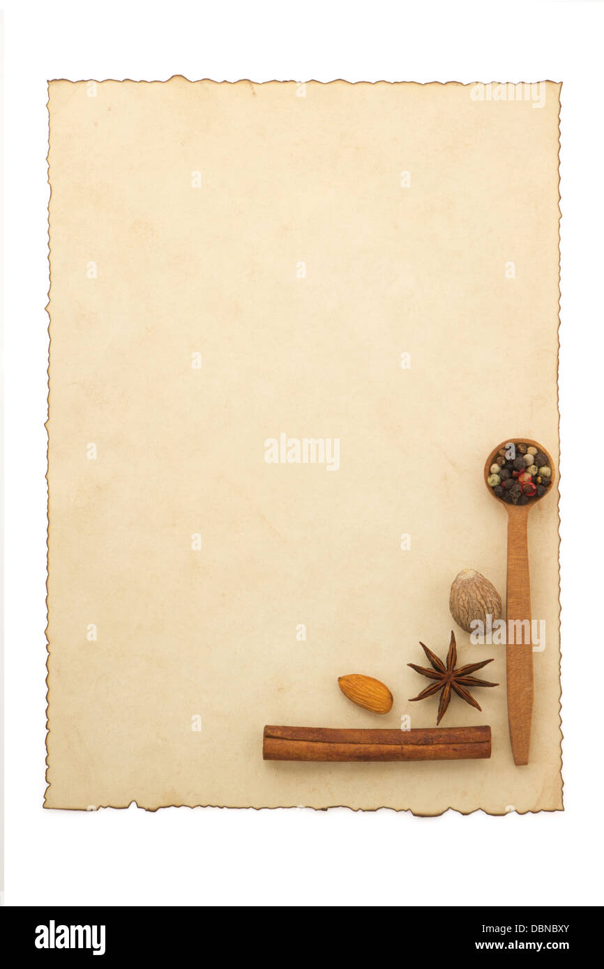 food ingredients and recipe paper on white background Stock Photo - Alamy