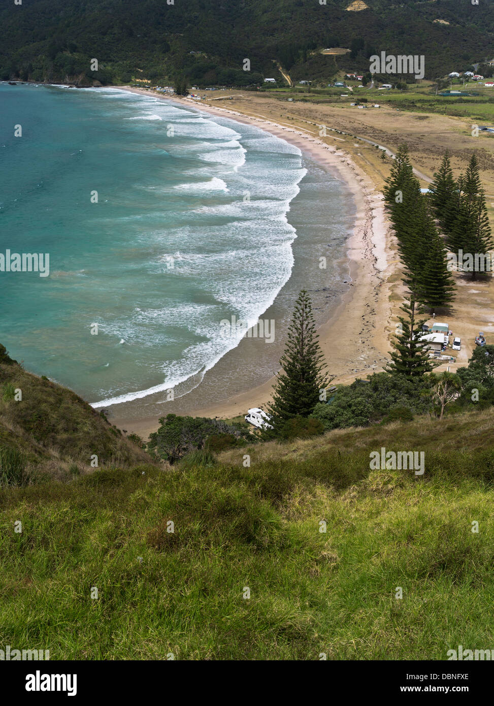dh MATAURI BAY NEW ZEALAND Sea surf sandy beach camping site Stock ...