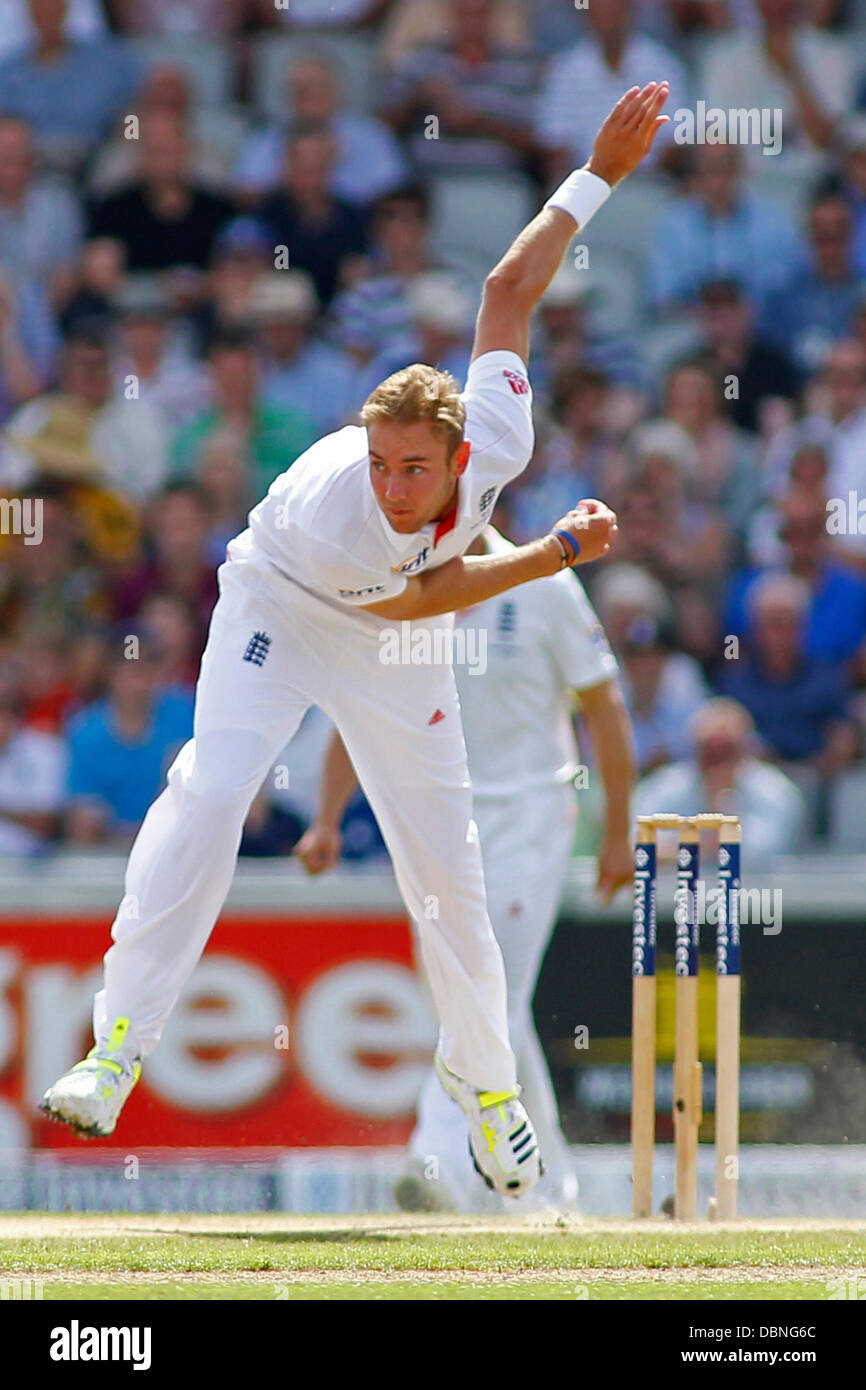 Manchester, UK. 02nd Aug, 2013. Stuart Broad bowling during day one of ...