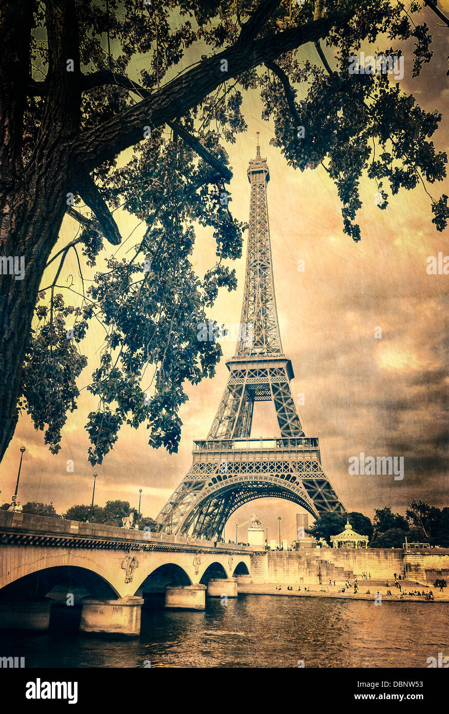 Eiffel tower vintage retro with tree and bridge Stock Photo - Alamy