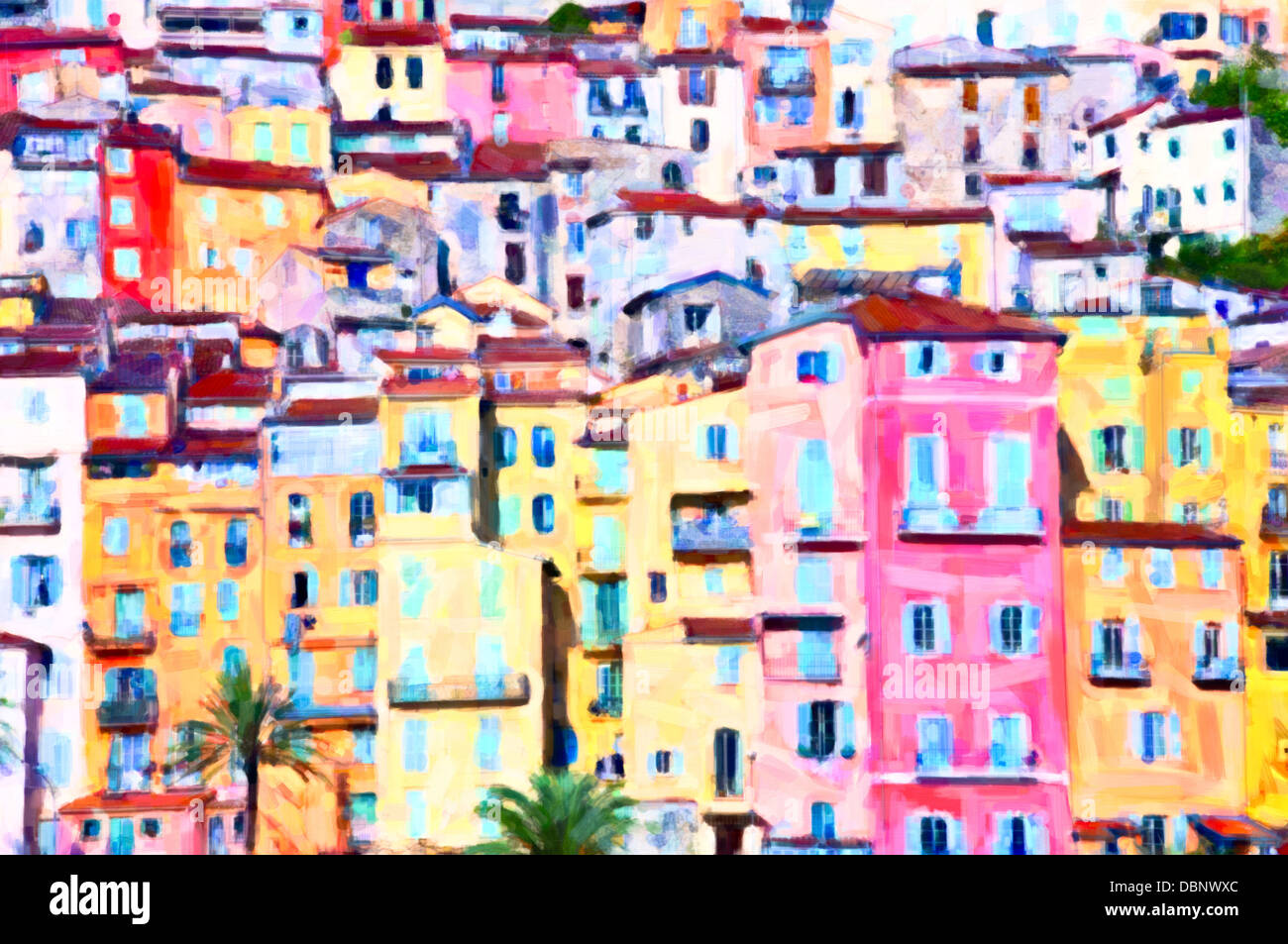 Menton colorful houses, postprocess painting art Stock Photo - Alamy