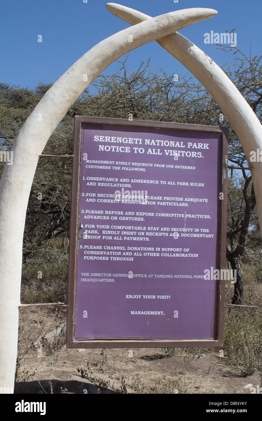 Sign at Naabi Hill at the entrance to Serengeti National Park with the ...