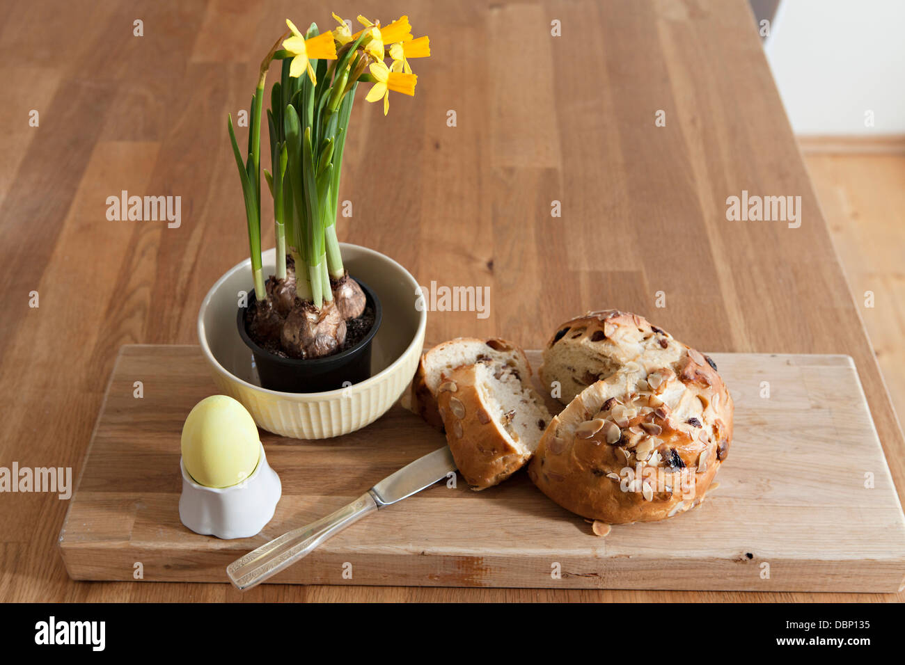 Easter decoration, bread, painted egg and daffodils, Munich, Bavaria ...
