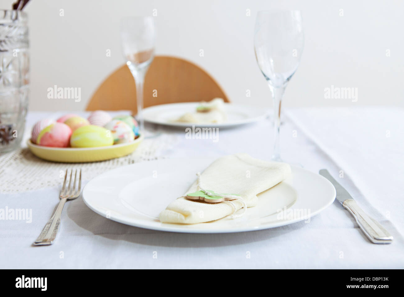 Easter breakfast, set table with painted eggs, Munich, Bavaria, Germany ...