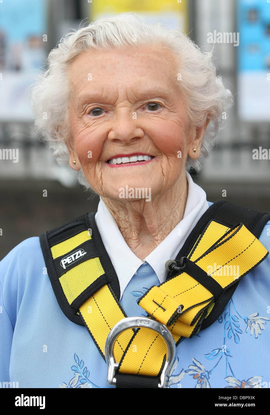 Doris Long the 97 year old abseils down the outside of the ITV studios ...