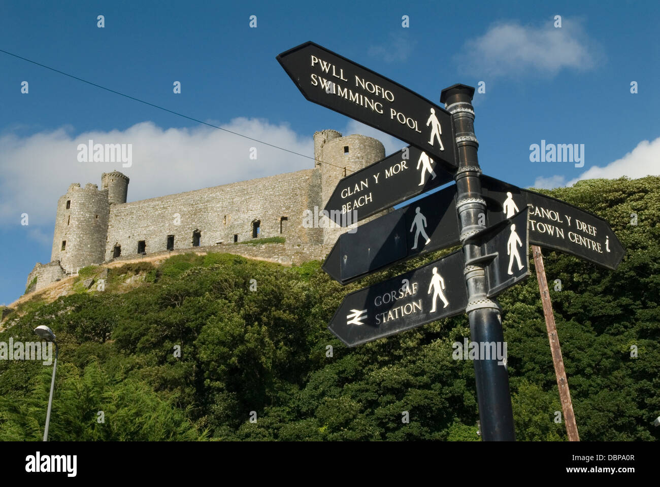Welsh bilingual language sign, signs at Harlech Castle Gwynedd Wales Uk ...
