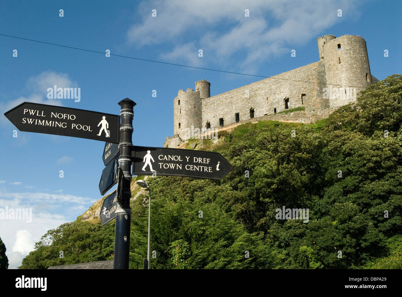 Welsh bilingual language sign, signs at Harlech Castle Gwynedd Wales Uk ...