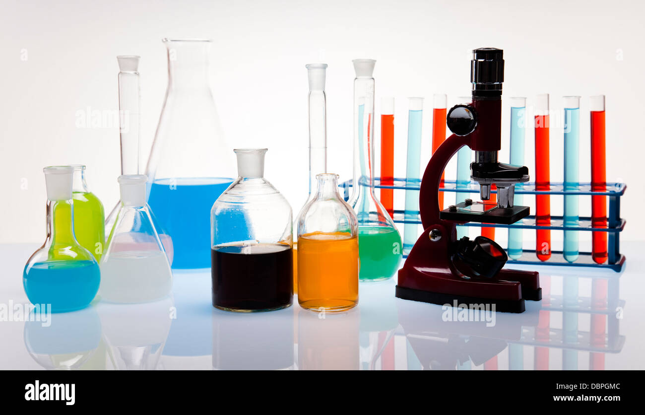 Laboratory flasks with fluids of different colors Stock Photo - Alamy