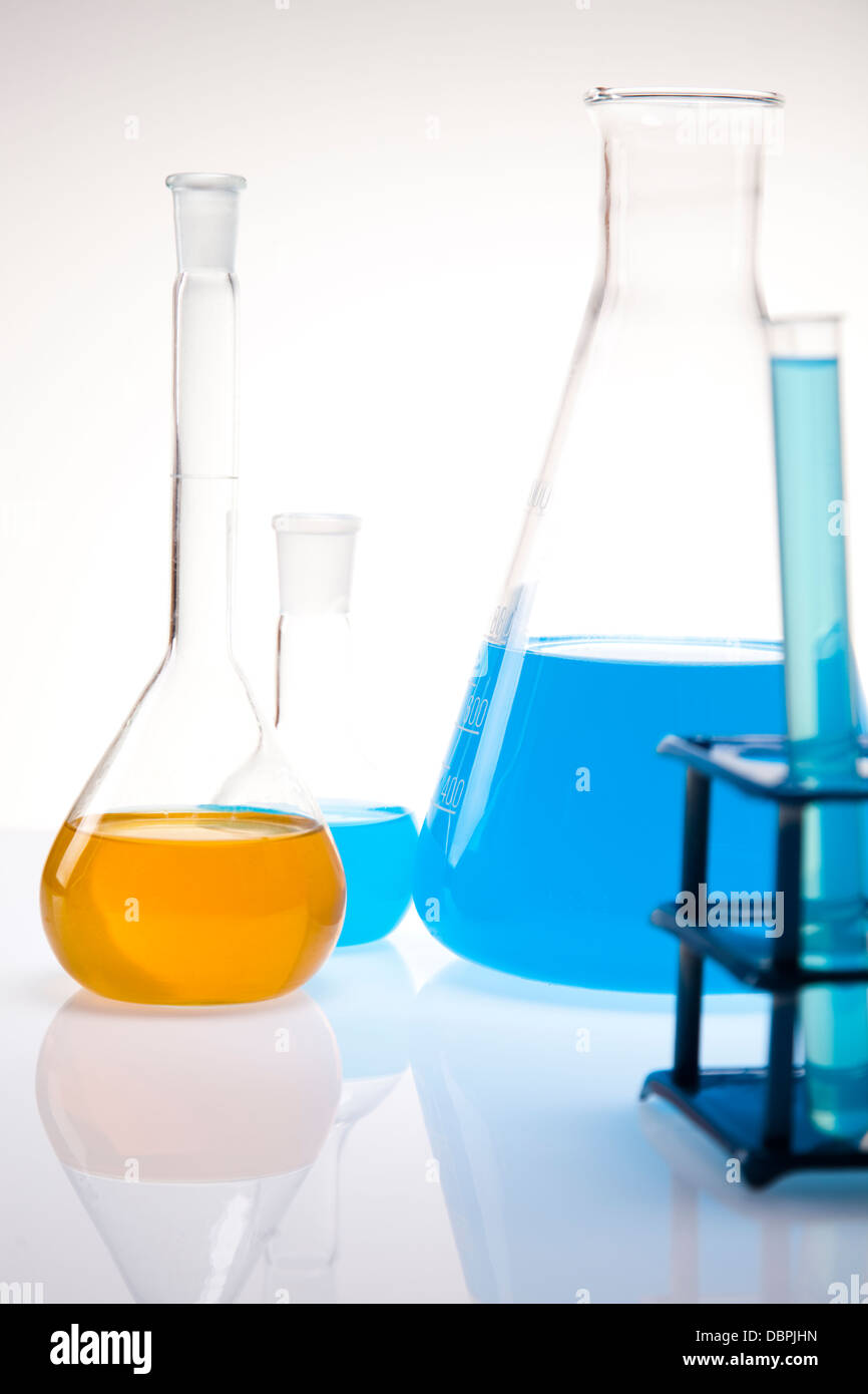 Laboratory flasks containing liquid color Stock Photo - Alamy