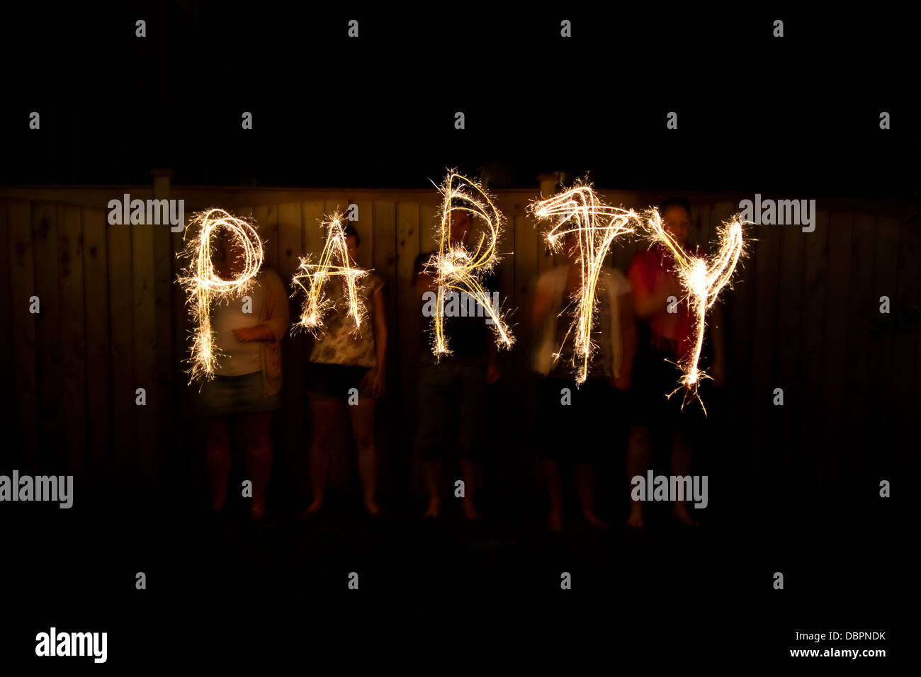 The word Party in sparklers time lapse photography Stock Photo - Alamy
