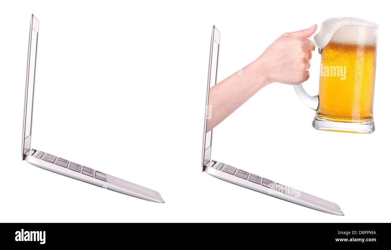 Laptop side view. beer toasting to show internet business success Stock ...