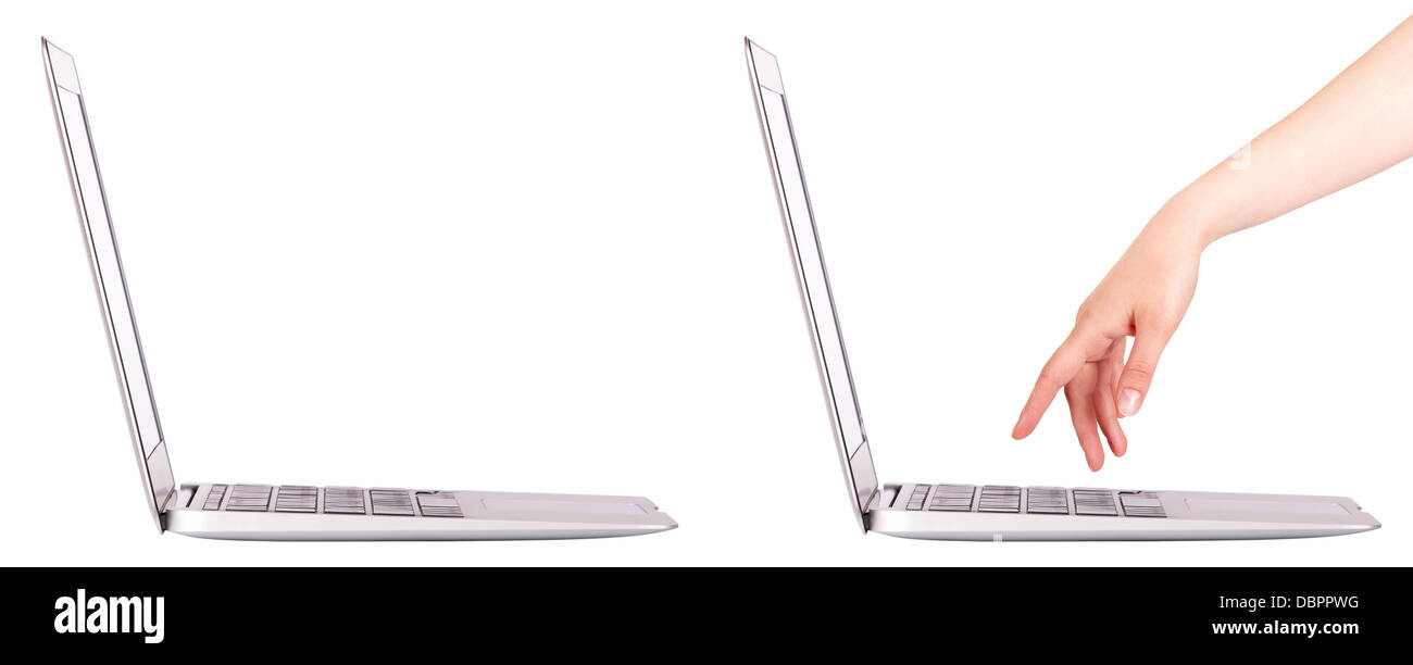 laptop with woman hand isolated set Stock Photo - Alamy