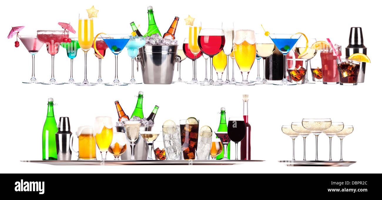 Set of different alcoholic drinks and cocktails - beer,martini,soda ...