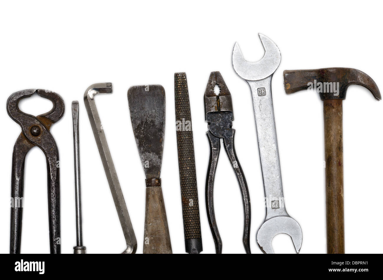 Old used vintage tools over a white background Stock Photo - Alamy