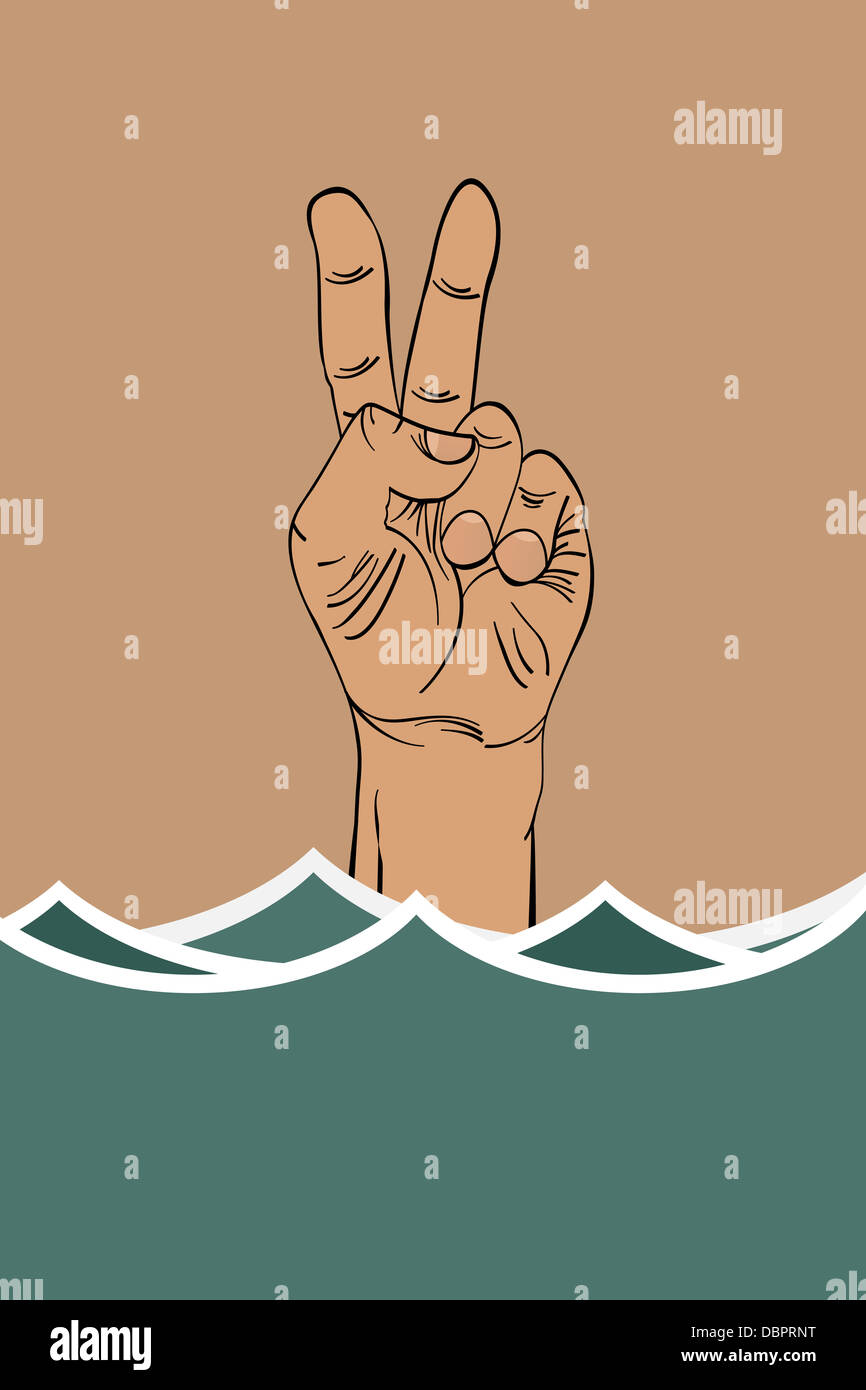 Ironic victory sign of a drowning hand Stock Photo - Alamy
