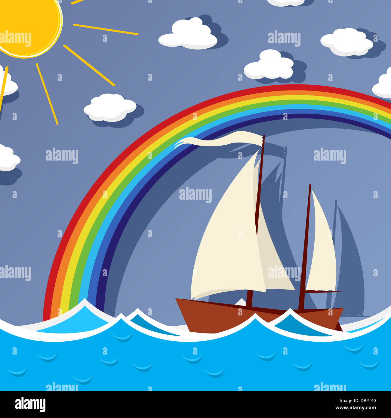 Sailboat floats on the sea under a a clear sky with rainbow sun and ...