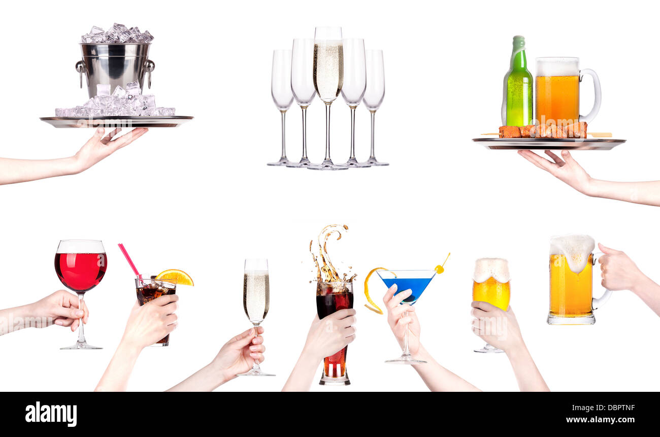 Set of different alcoholic drinks and cocktails - beer,martini,soda ...