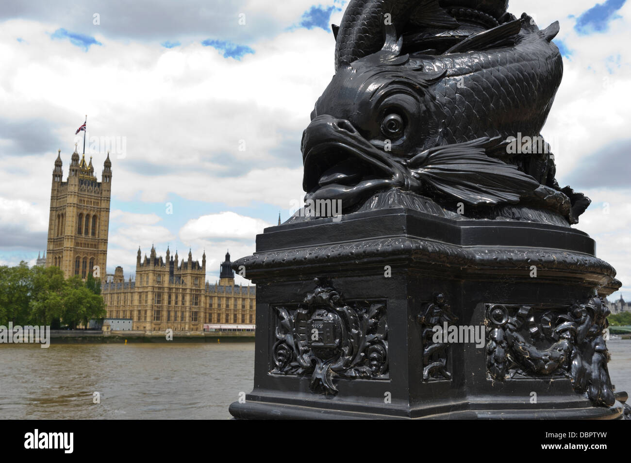 Fish figure ornate lamppost by the Thames river, London, England ...