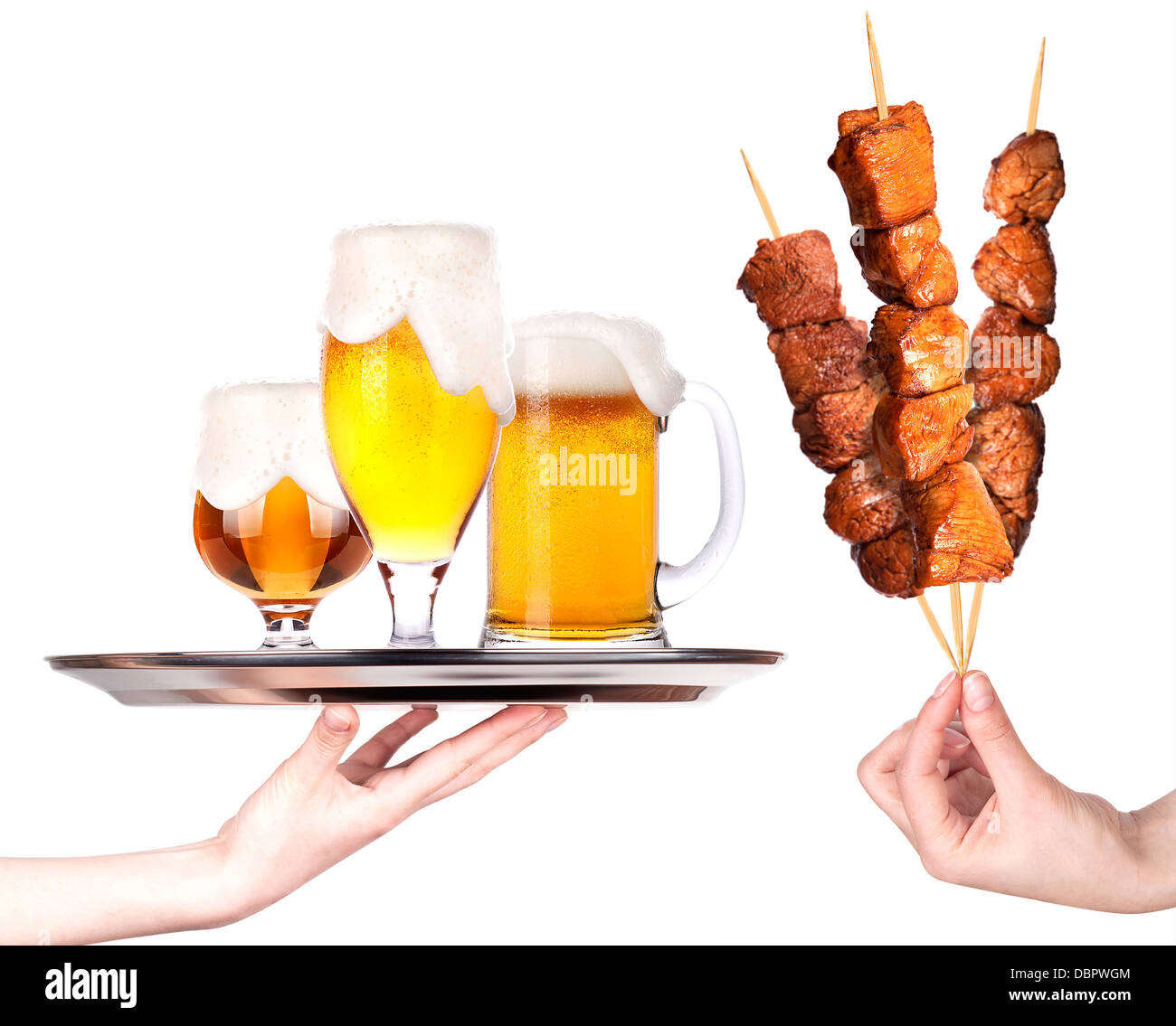 fresh grilled meat dishes with beer glass isolated on a white ...