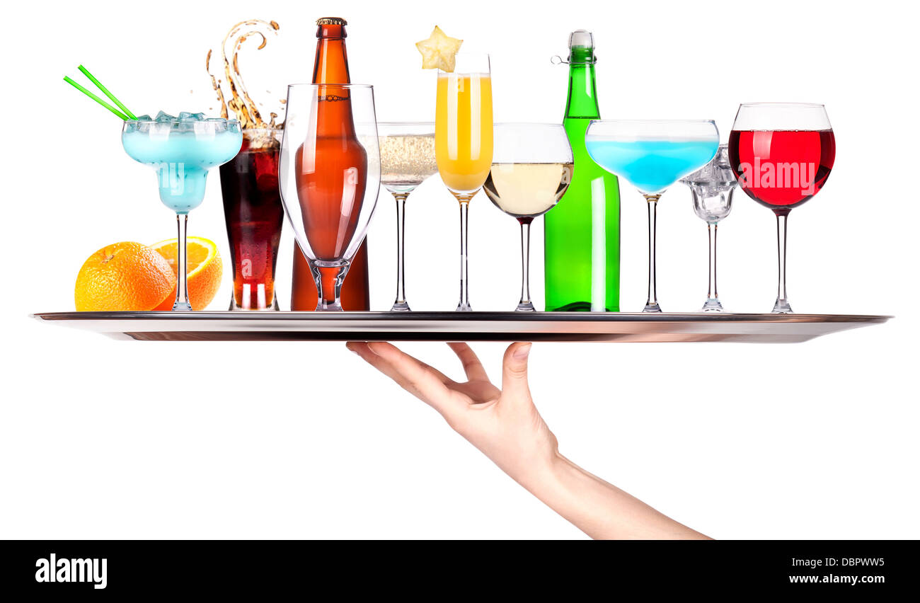 different alcohol drinks on a tray - beer, cocktail, champagne, wine ...
