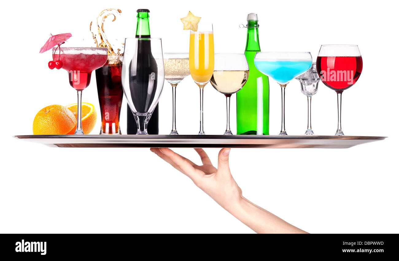 different alcohol drinks on a tray - beer, cocktail, champagne, wine ...