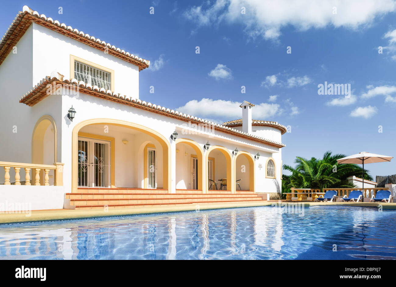 A holiday villa, complete with pool, basks in the Spanish sunshine ...