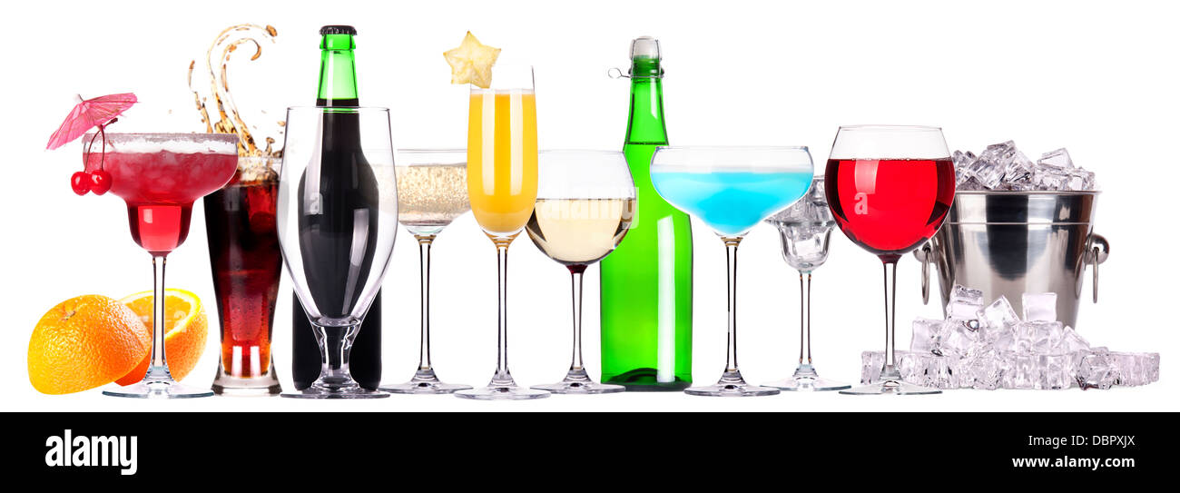 Set of different alcoholic drinks and cocktails - beer,martini,soda ...