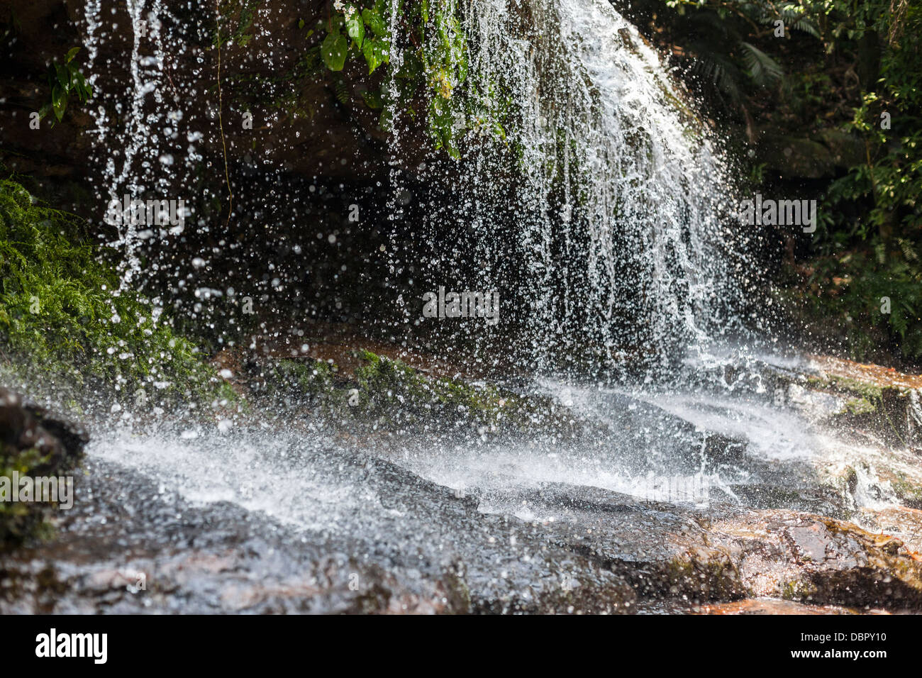 Water droplets splashing onto the rocks of a jungle waterfall, captured ...