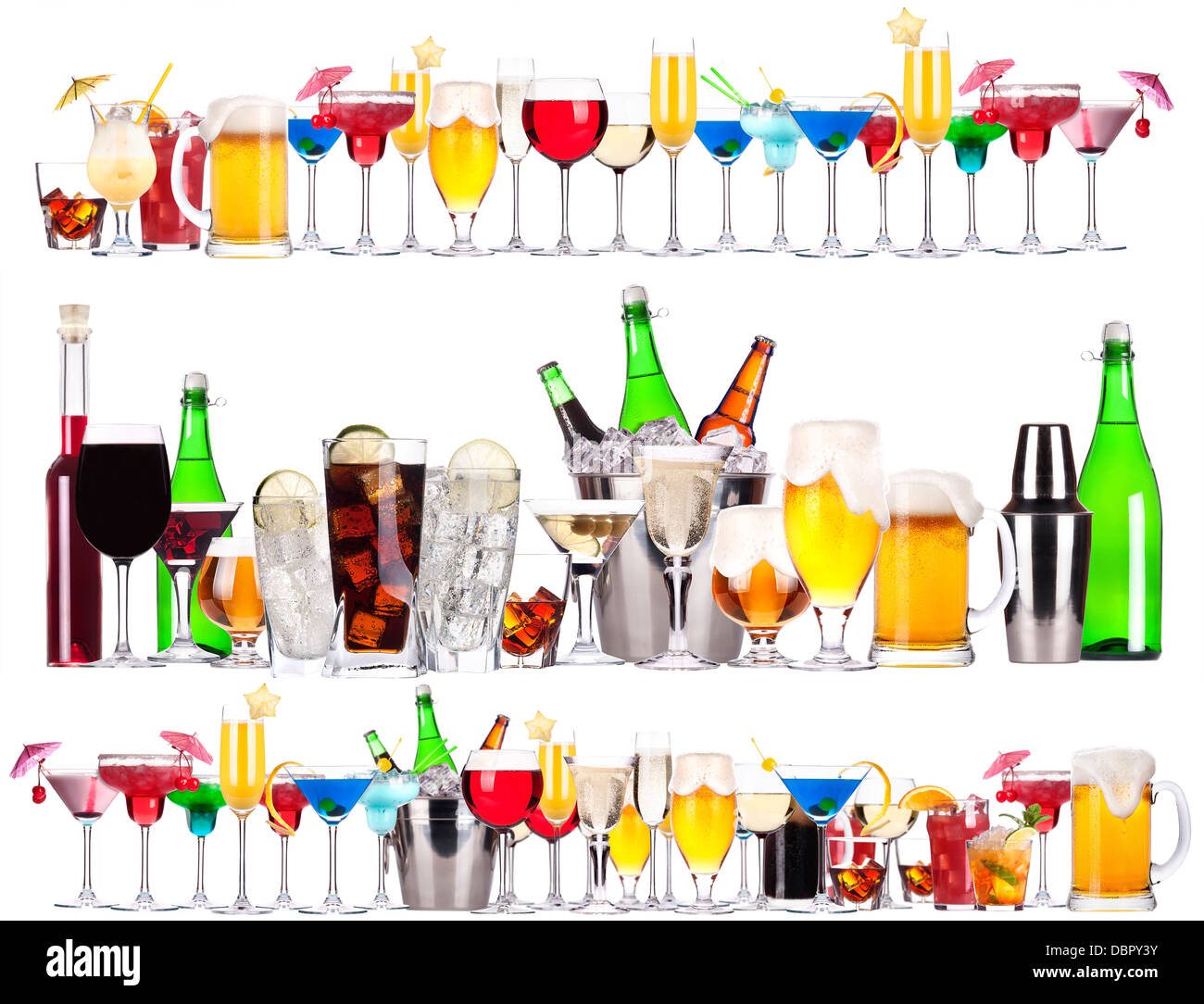 Set of different alcoholic drinks and cocktails - beer,martini,soda ...