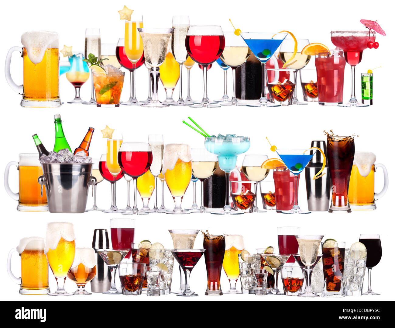 Set of different alcoholic drinks and cocktails - beer,martini,soda ...