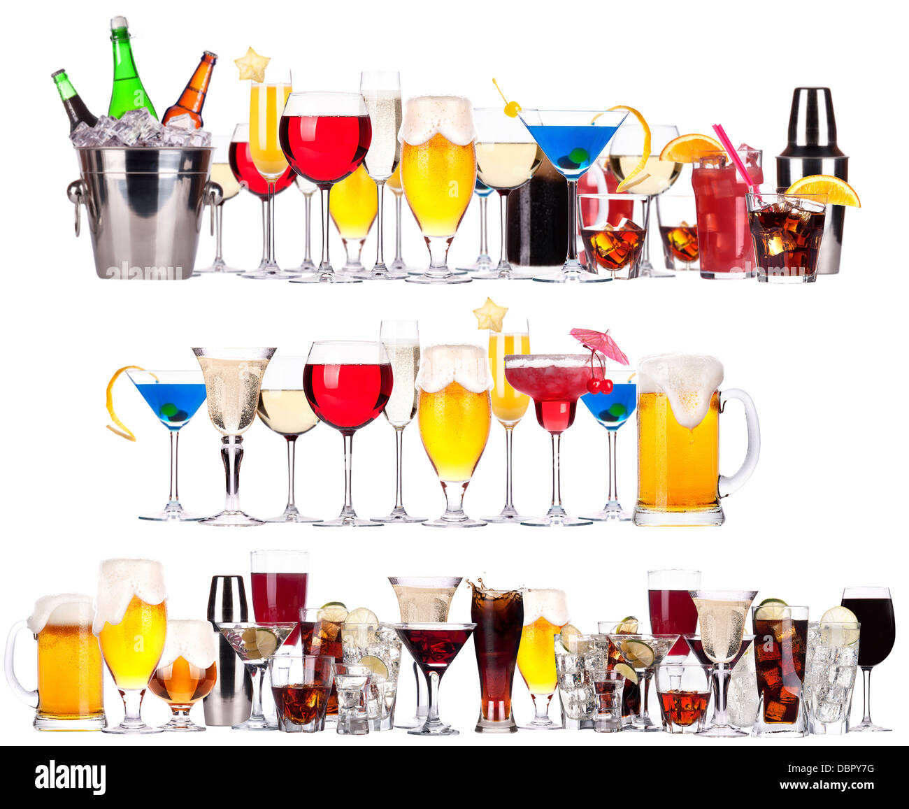 Set of different alcoholic drinks and cocktails - beer,martini,soda ...