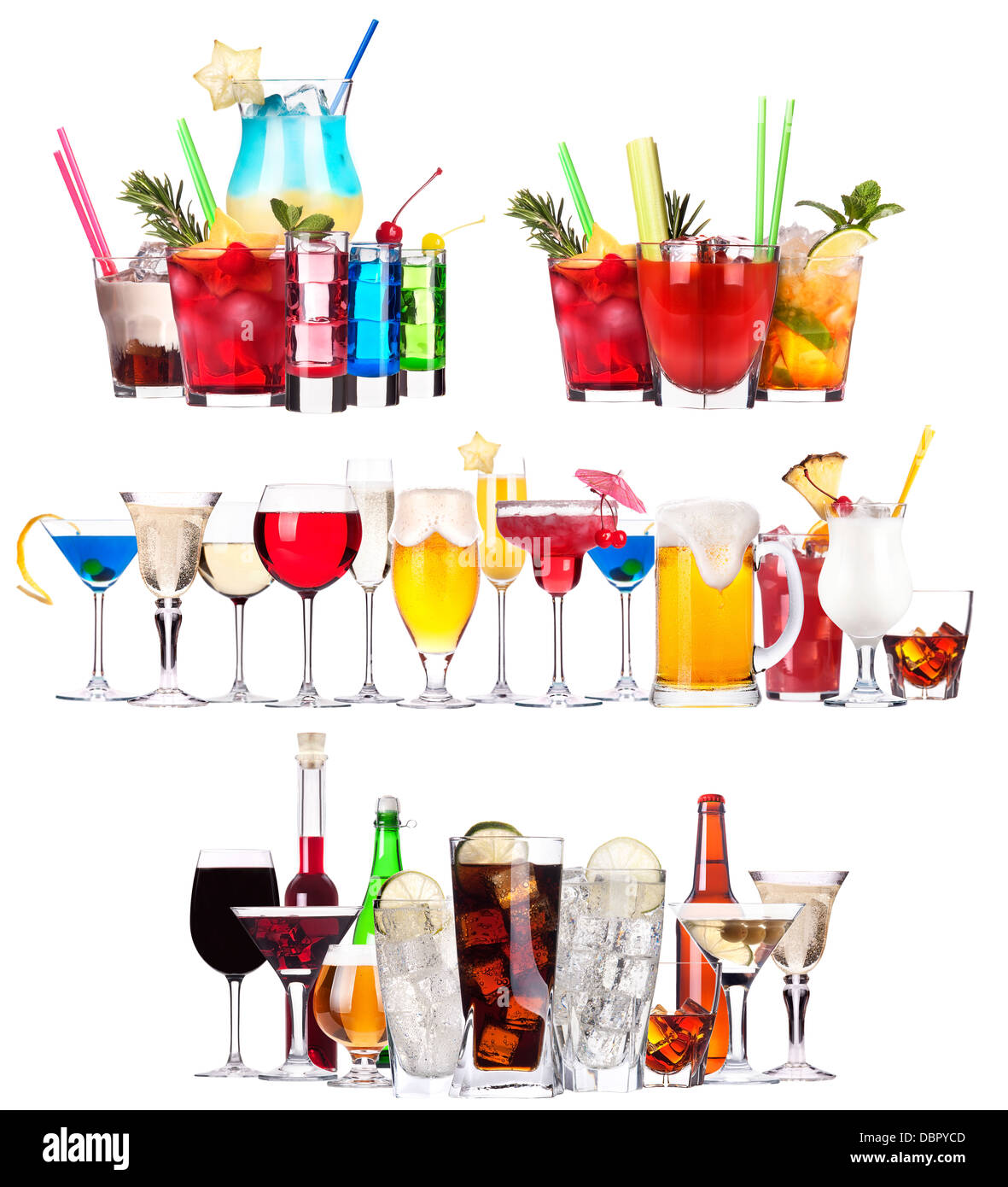 Set of different alcoholic drinks and cocktails - beer,martini,soda ...