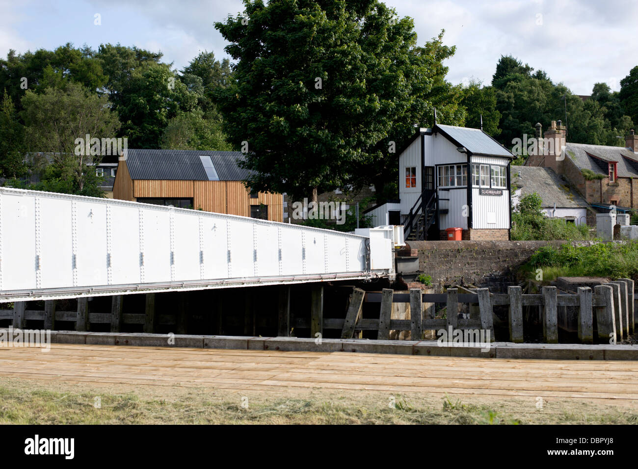 The railway swing bridge and signal box at Clachnaharry near Inverness ...