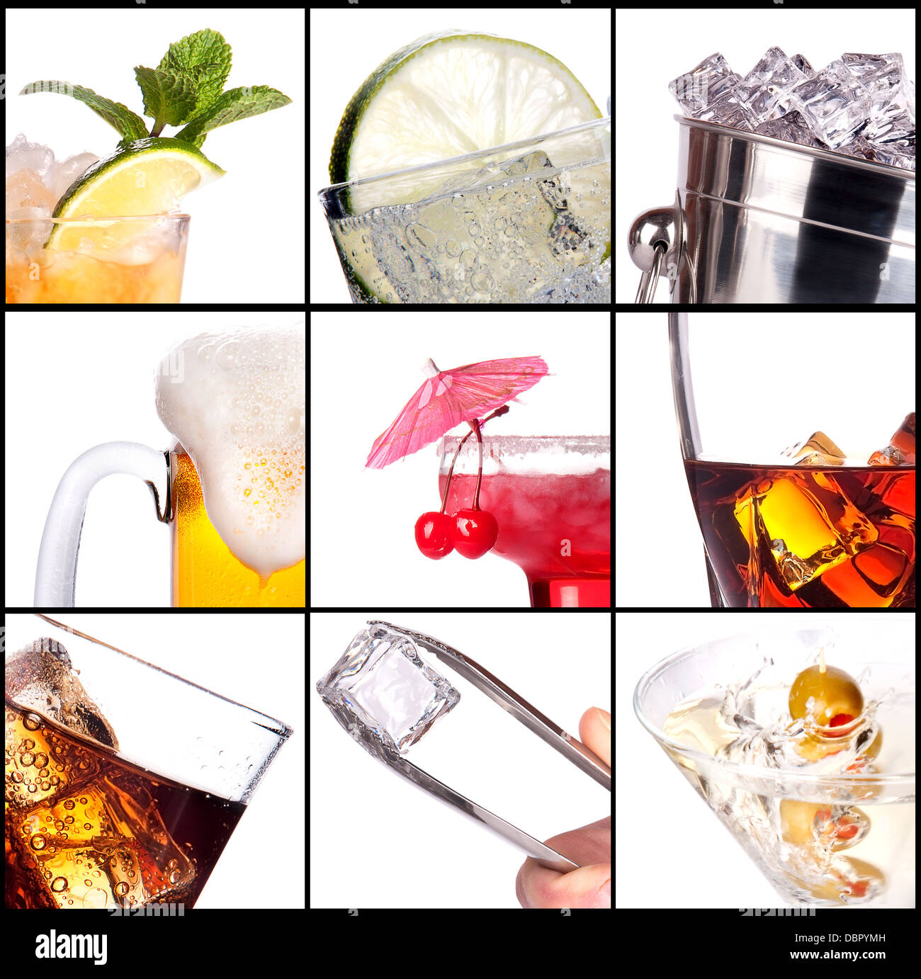collage with alcohol cocktails - beer, martini, soda,cola,cocktail,wine ...