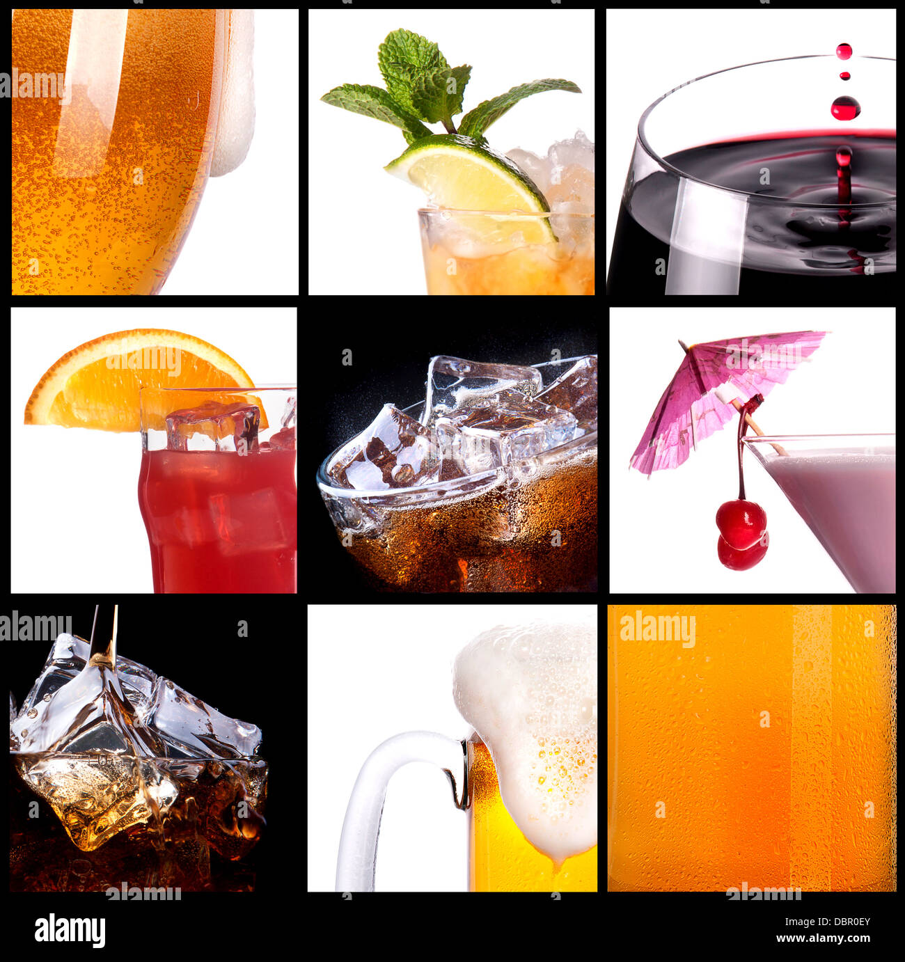 collage with alcohol cocktails - beer, martini, soda,cola,cocktail,wine ...