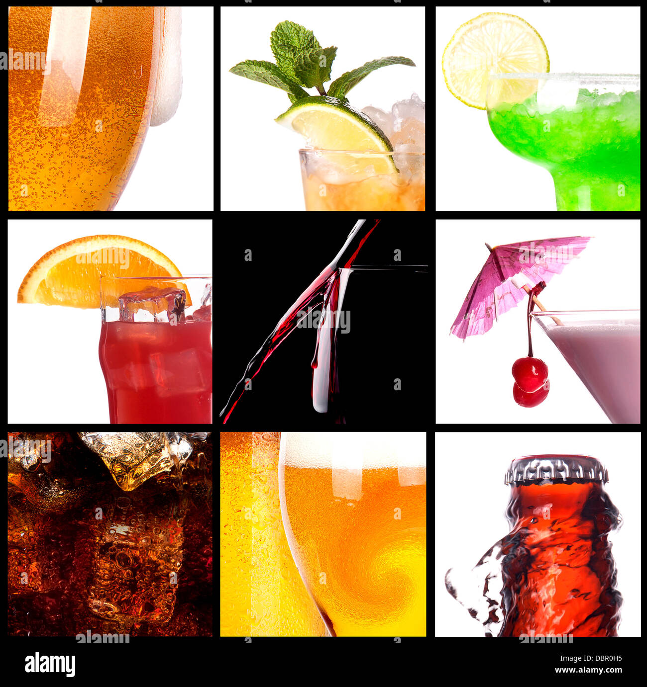 collage with alcohol cocktails - beer, martini, soda,cola,cocktail,wine ...