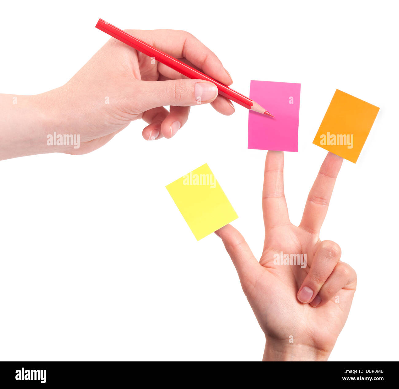 primary goals planning strategy concept - woman's finger with note and ...
