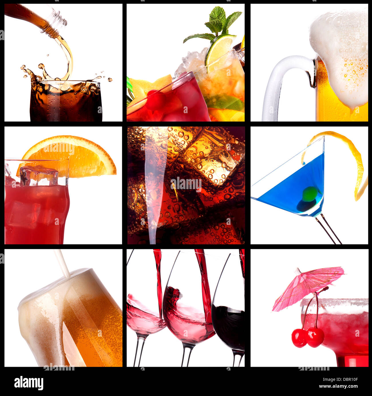 collage with alcohol cocktails - beer, martini, soda,cola,cocktail,wine ...