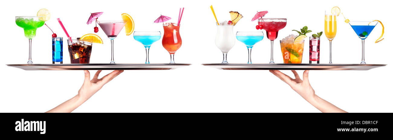 different alcohol drinks on a tray - beer, cocktail, champagne, wine ...