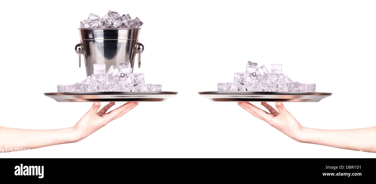 silver tray full of ice with hand isolated Stock Photo - Alamy